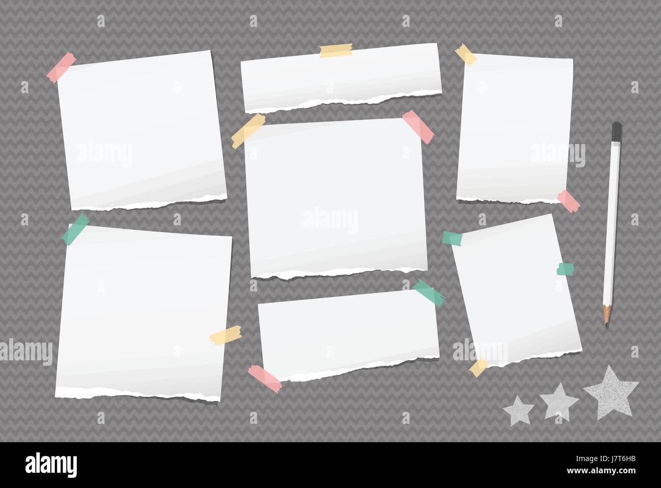 Ripped note, notebook, copybook paper stuck with sticky tape, white ...