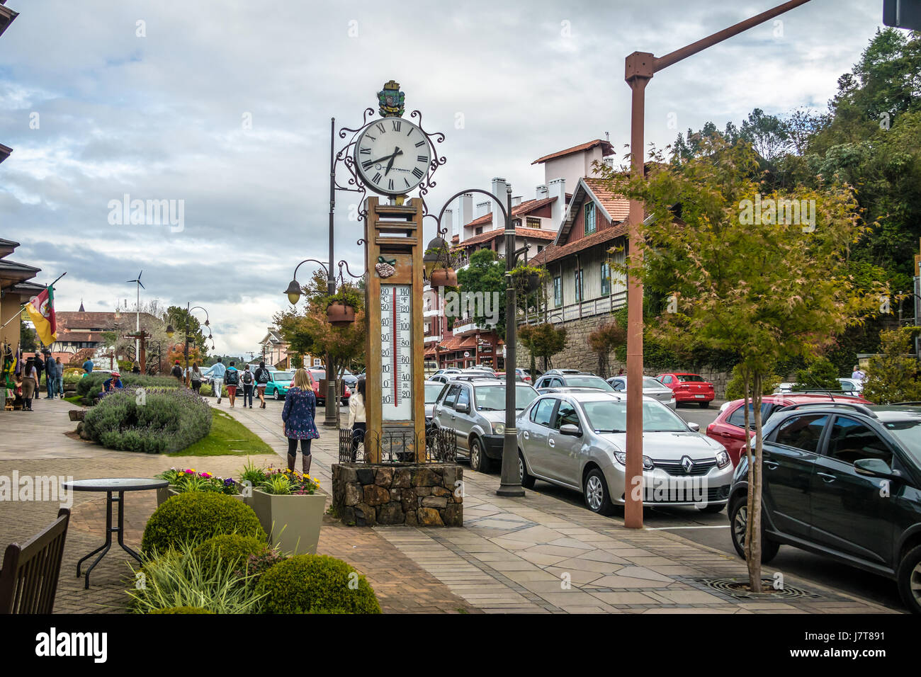 GRAMADO, BRAZIL - May 19, 2017: Clock and thermometer at Street ...
