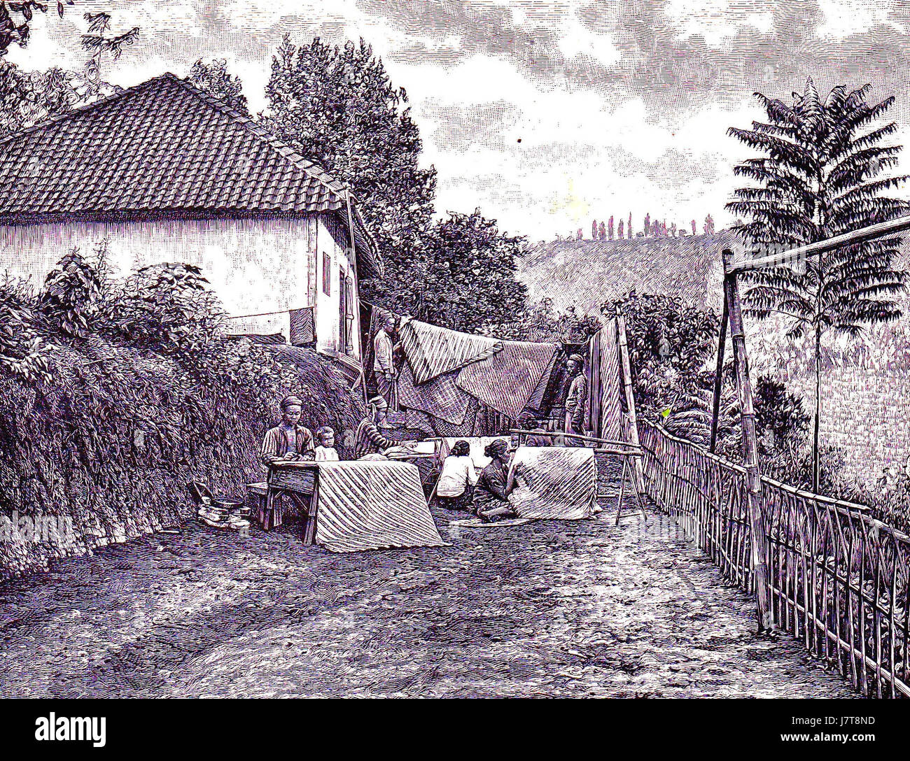 A depiction of traditional batik production on the island of Java ...