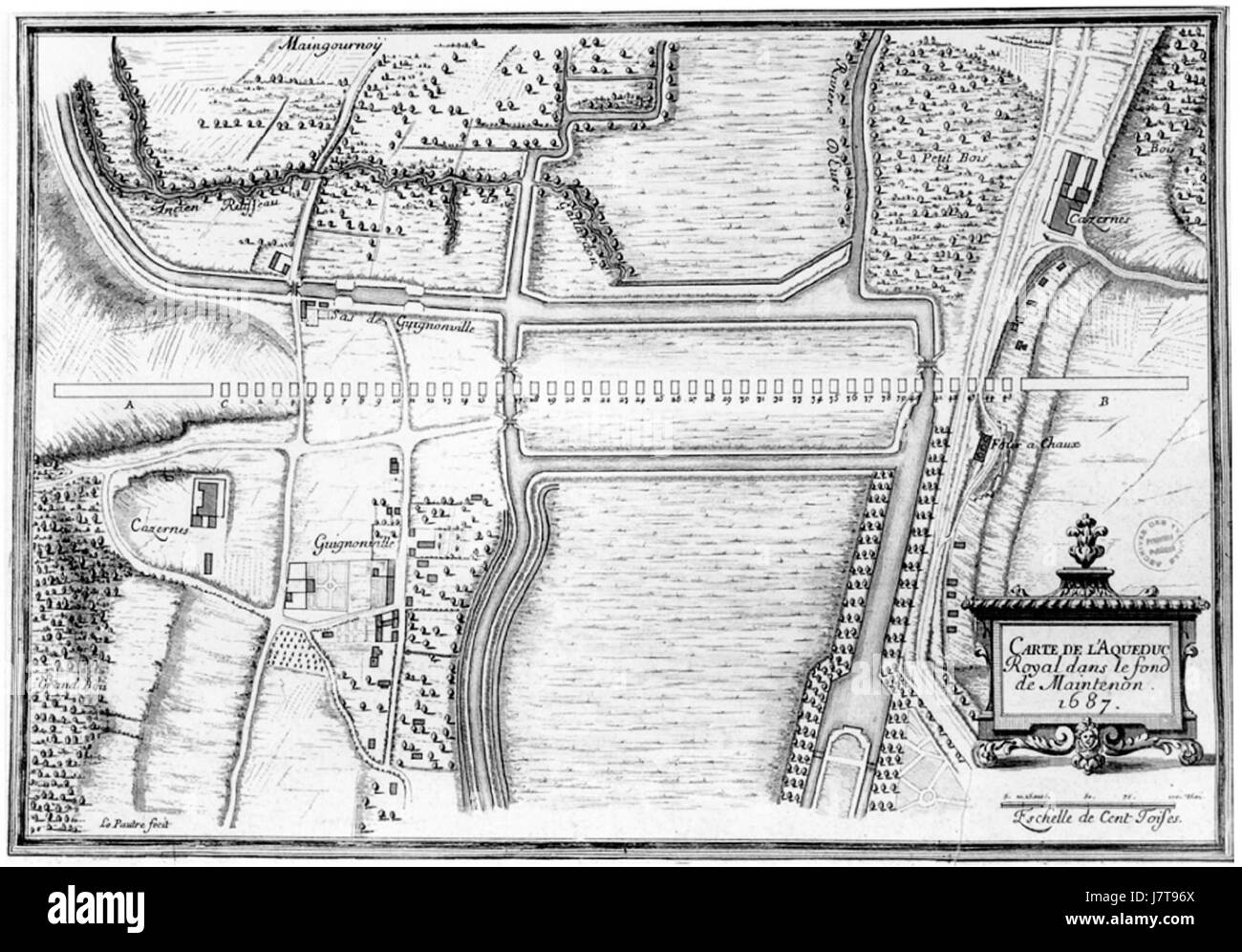 This 1687 map illustrates the Royal Aqueduct of Maintenon, a historic ...