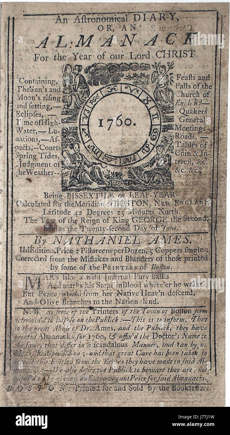 The 1760 Almanack of Boston is a historical document, providing ...