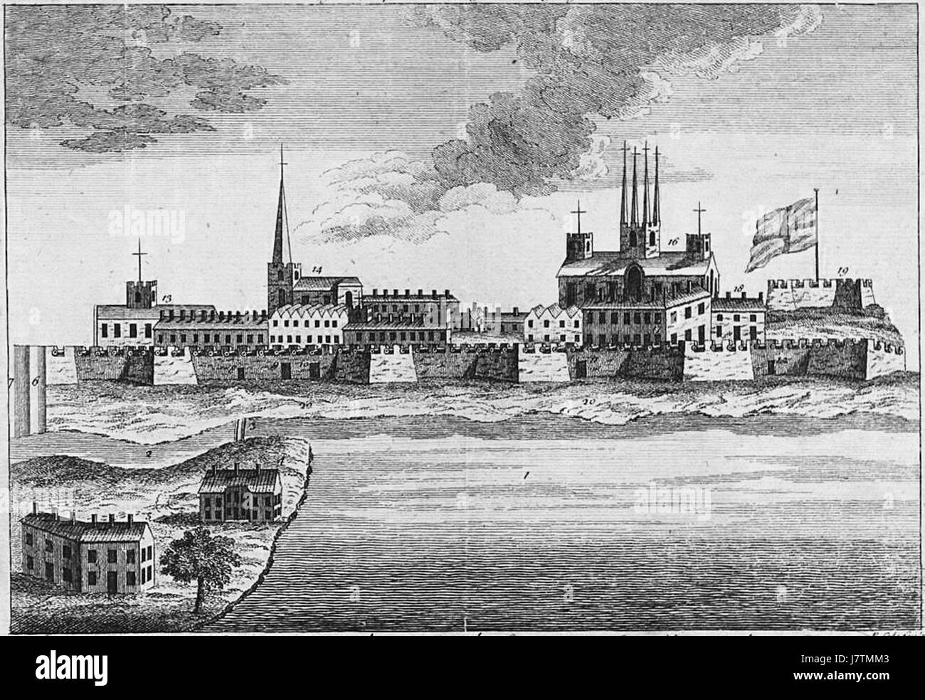 A historical illustration depicting a perspective view of Montreal ...