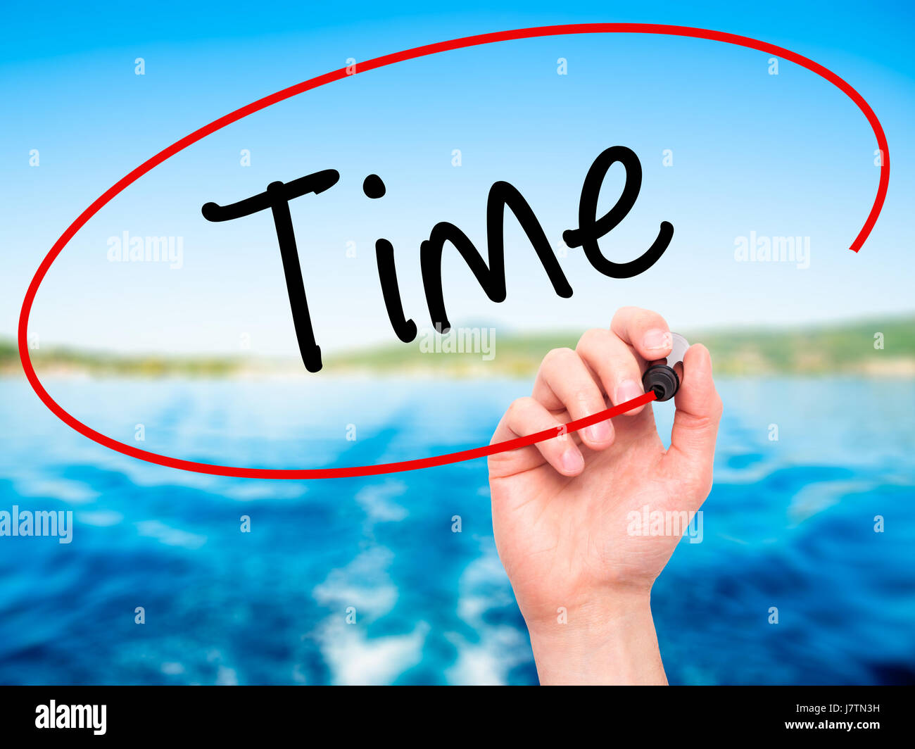 Man Hand writing Time with black marker on visual screen. Isolated on ...