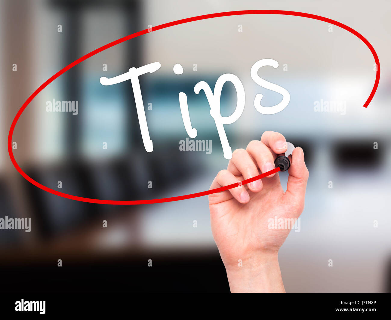 Man Hand writing Tips with black marker on visual screen. Isolated on ...