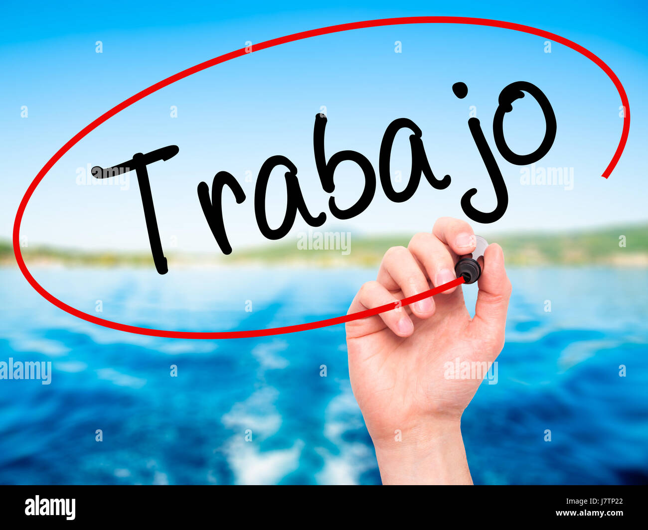 Man Hand writing Trabajo ( work in Spanish) with black marker on visual ...