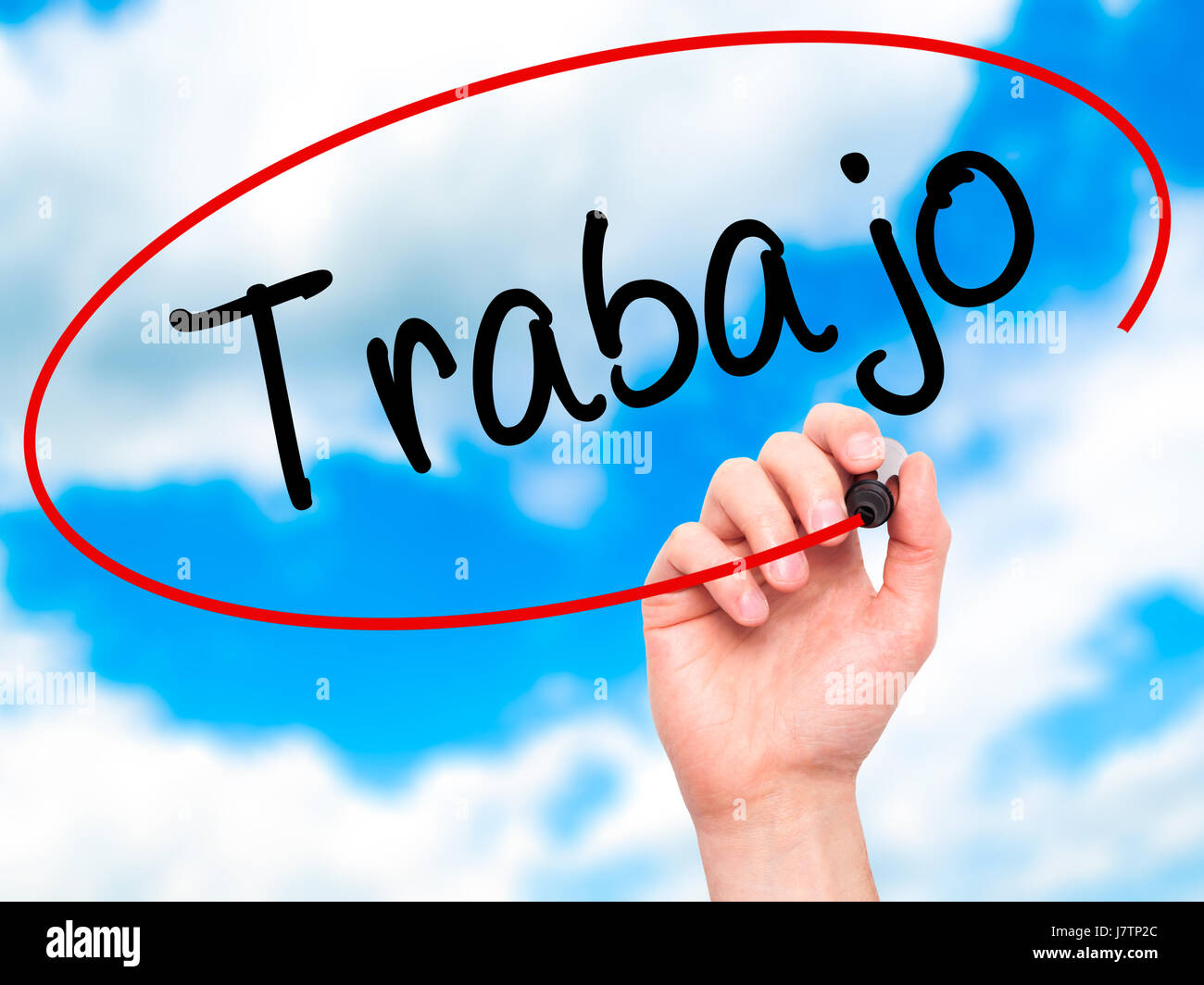Man Hand writing Trabajo ( work in Spanish) with black marker on visual ...