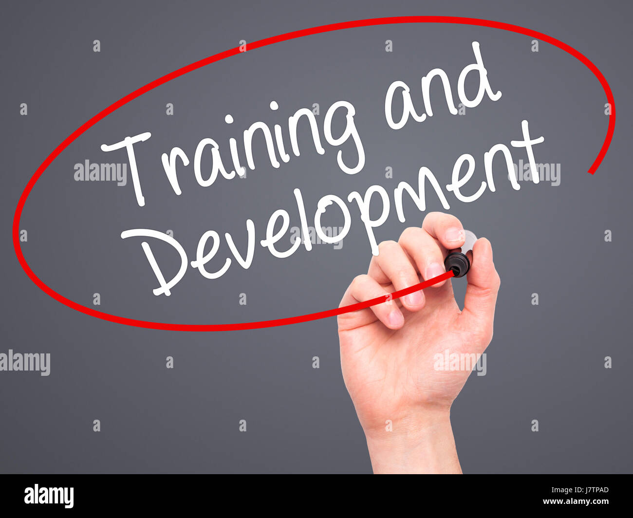 Man Hand writing Training and Development with black marker on visual ...