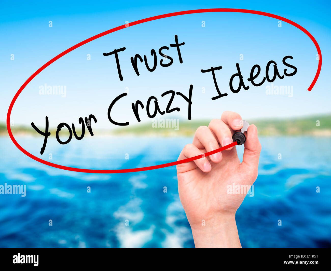 Man Hand writing Trust Your Crazy Ideas with black marker on visual ...