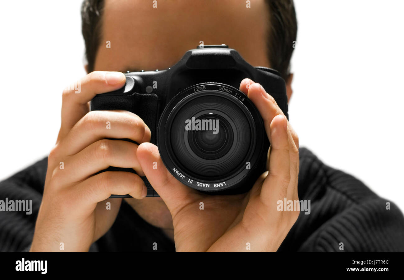 male masculine portrait photo camera lens photographer head front hand ...