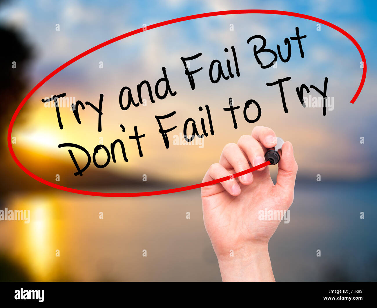 Man Hand writing Try and Fail But Don't Fail to Try with black marker ...