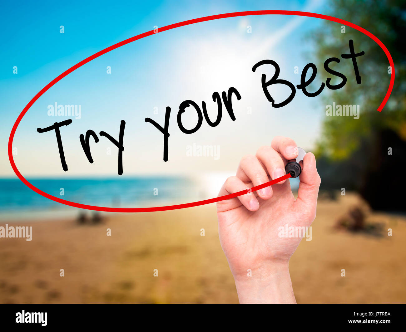 Man Hand writing Try your Best with black marker on visual screen ...