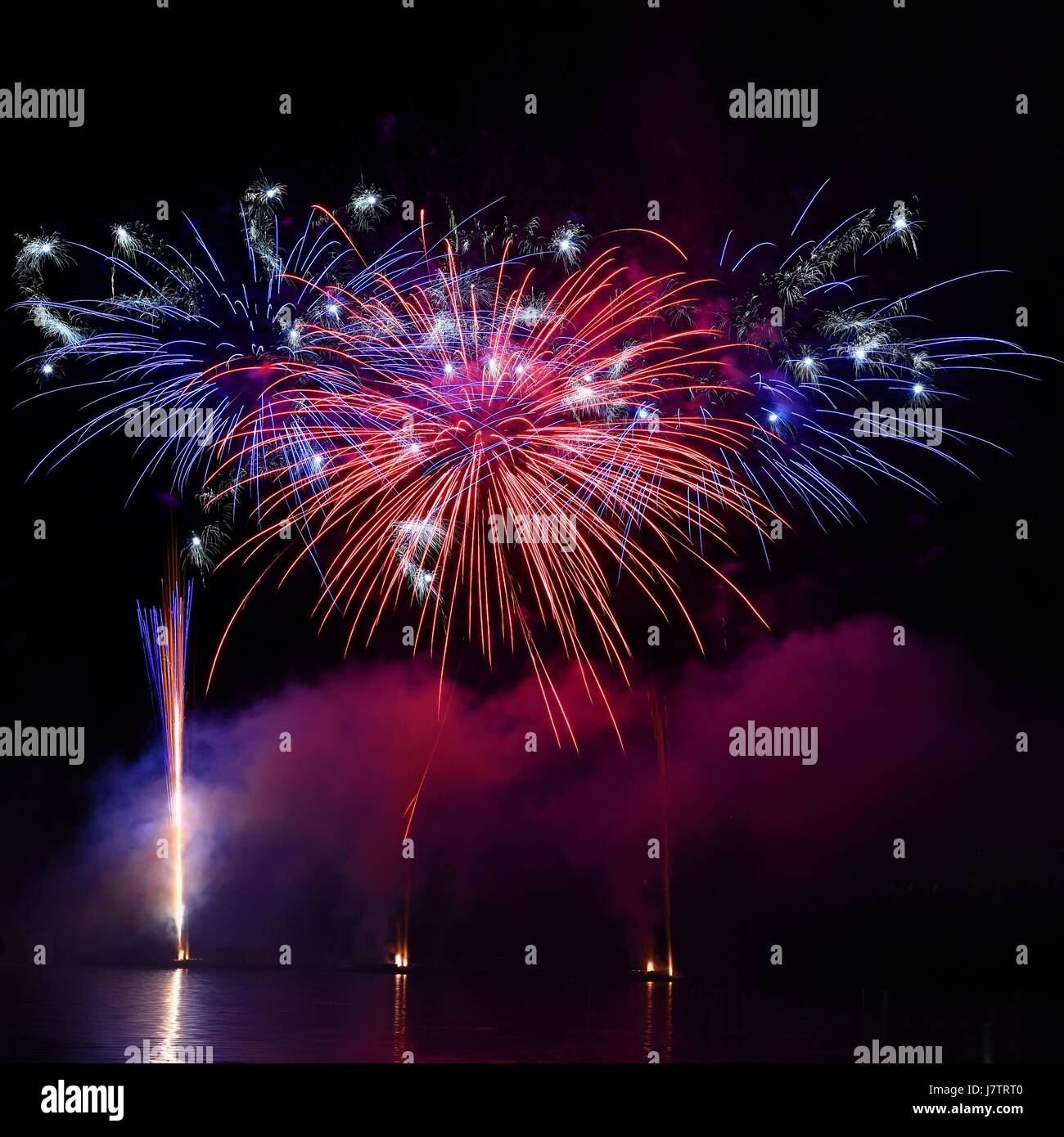 Beautiful colorful fireworks on water. Brno dam. International ...