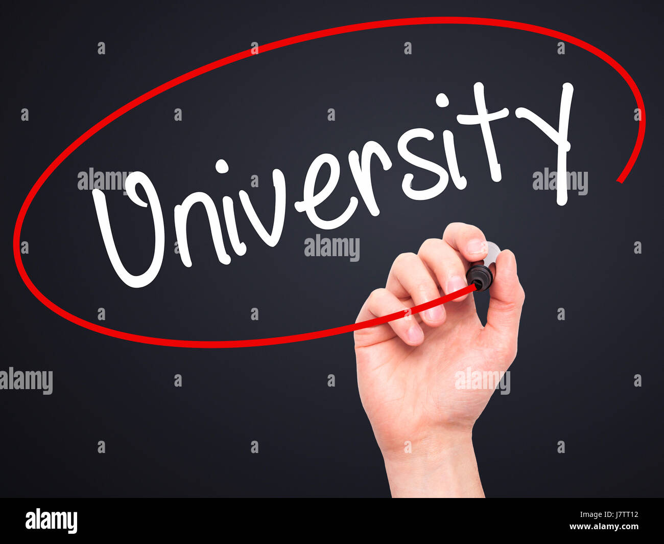 Man Hand writing University with black marker on visual screen ...