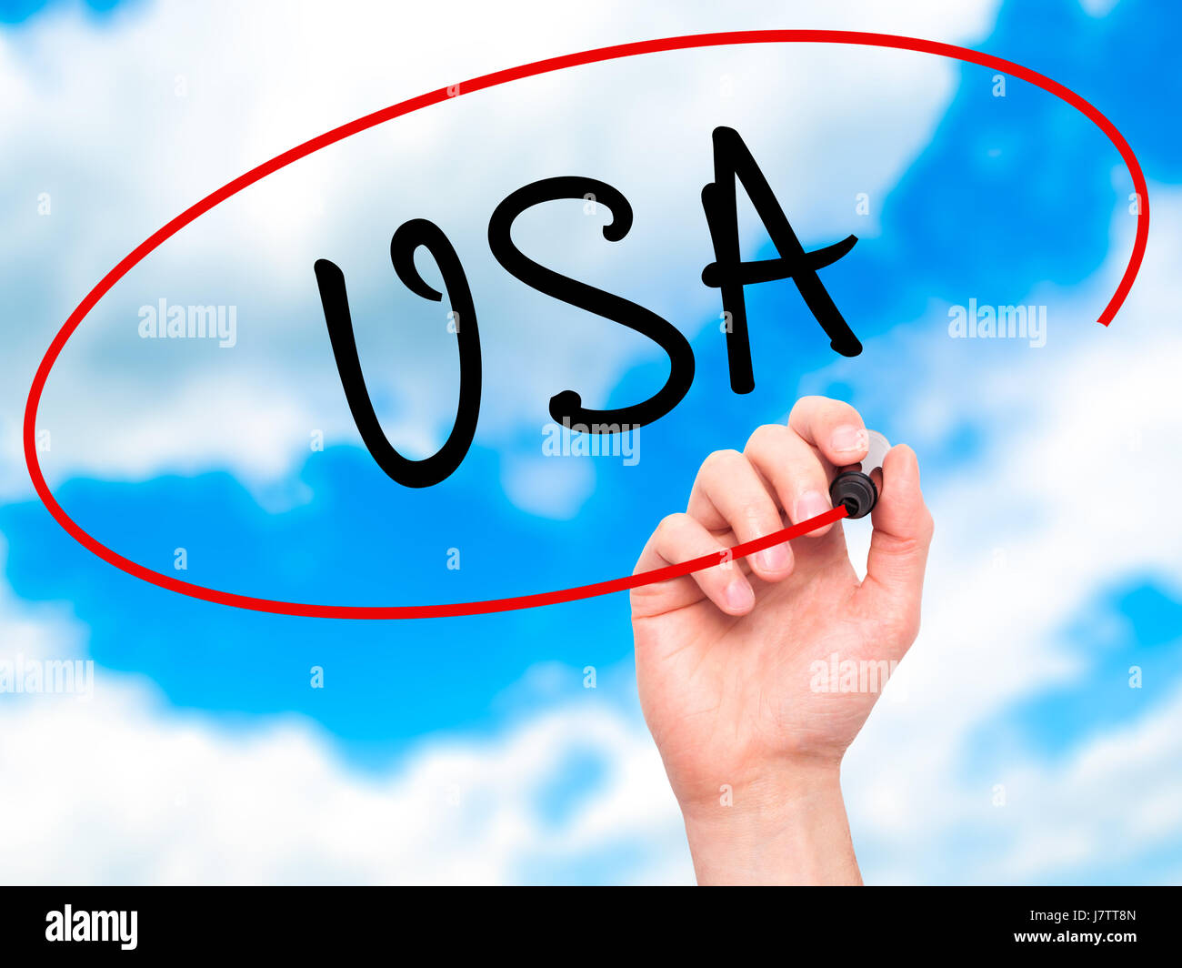 Man Hand writing USA with black marker on visual screen. Isolated on ...
