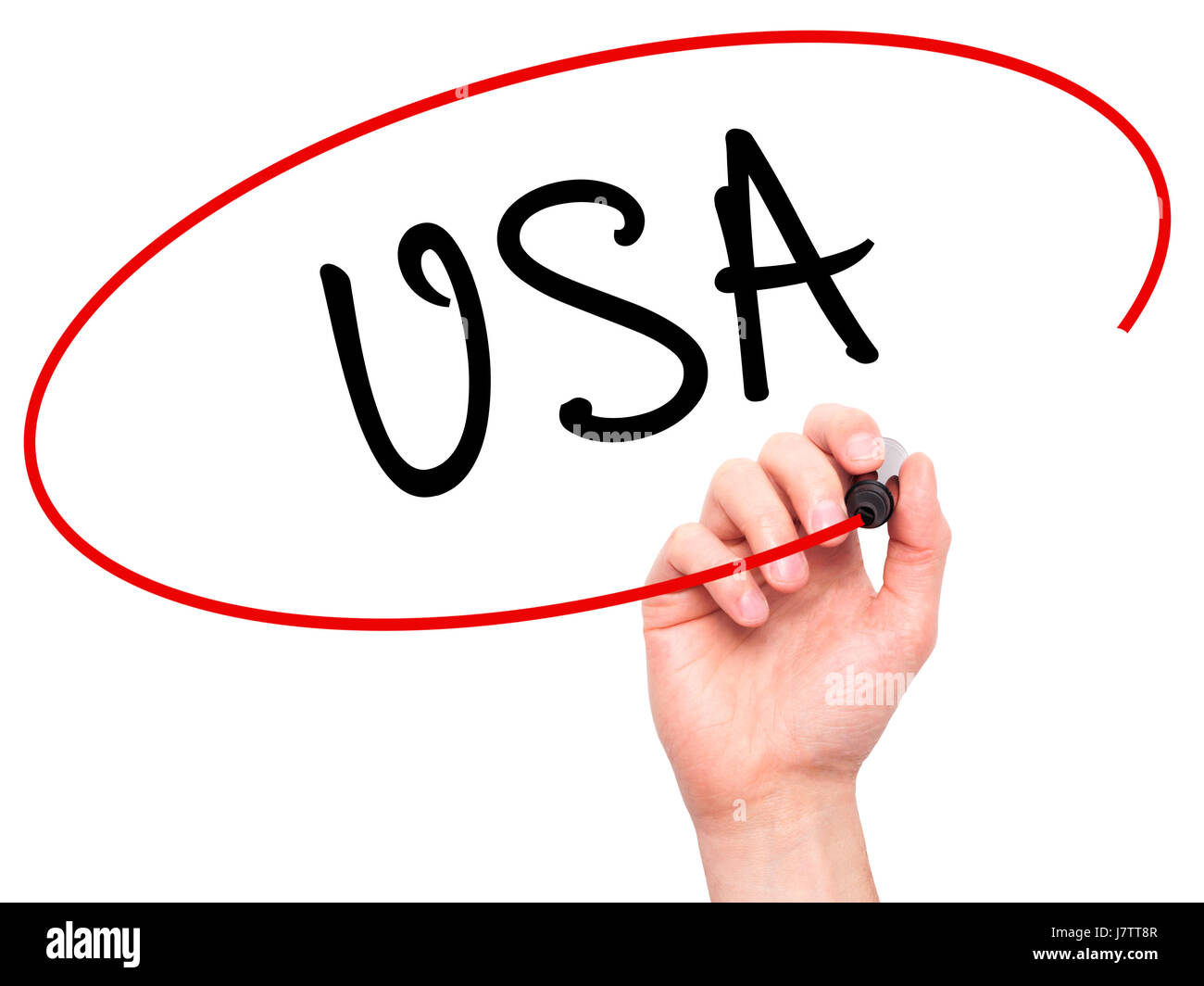 Man Hand writing USA with black marker on visual screen. Isolated on ...