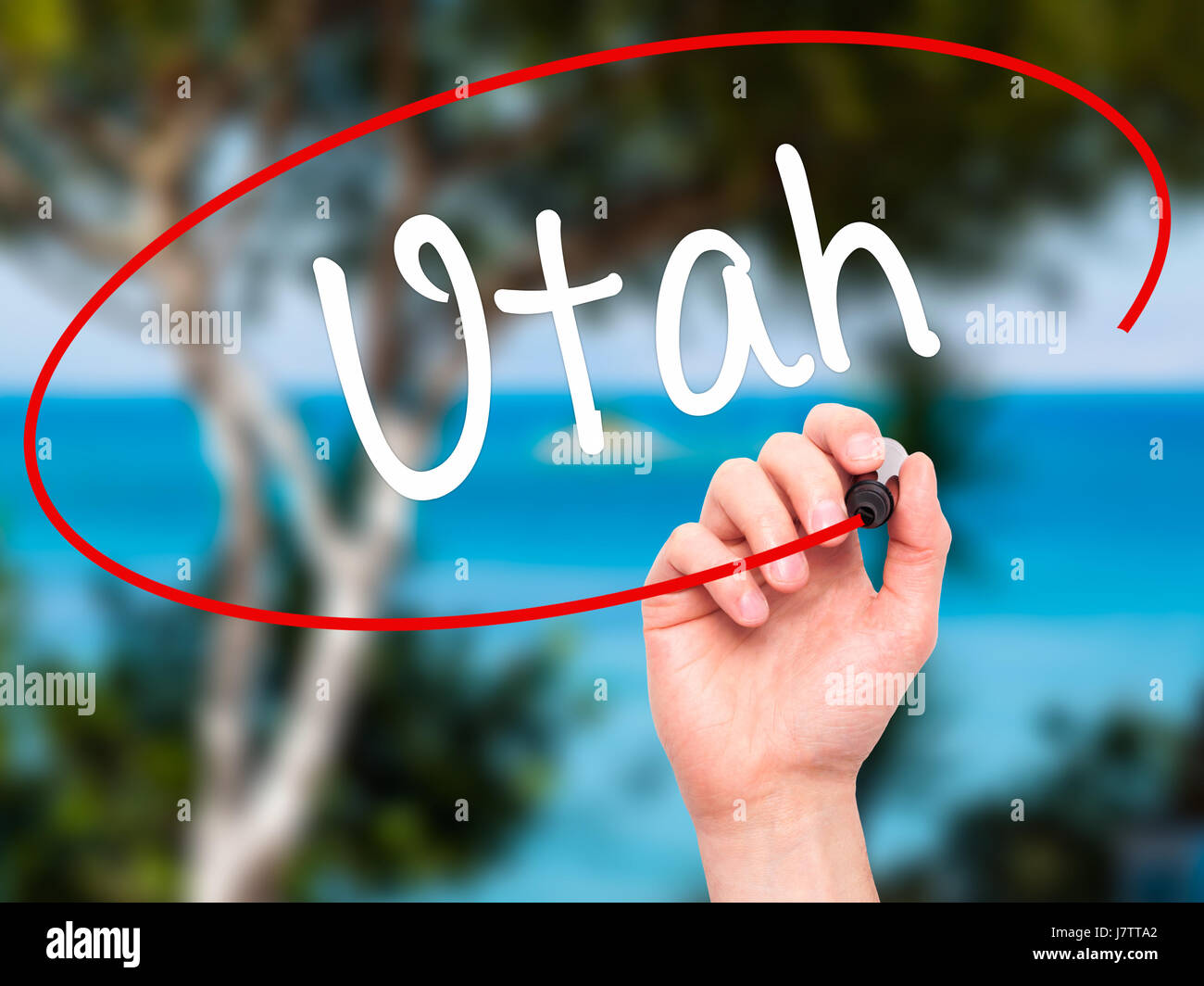 Man Hand writing Utah with black marker on visual screen. Isolated on ...