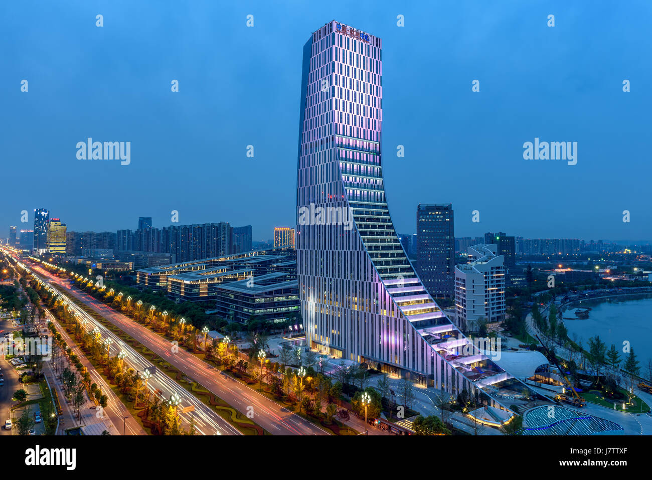 The new landmark skyscraper in Tianfu District at night in Chengdu ...