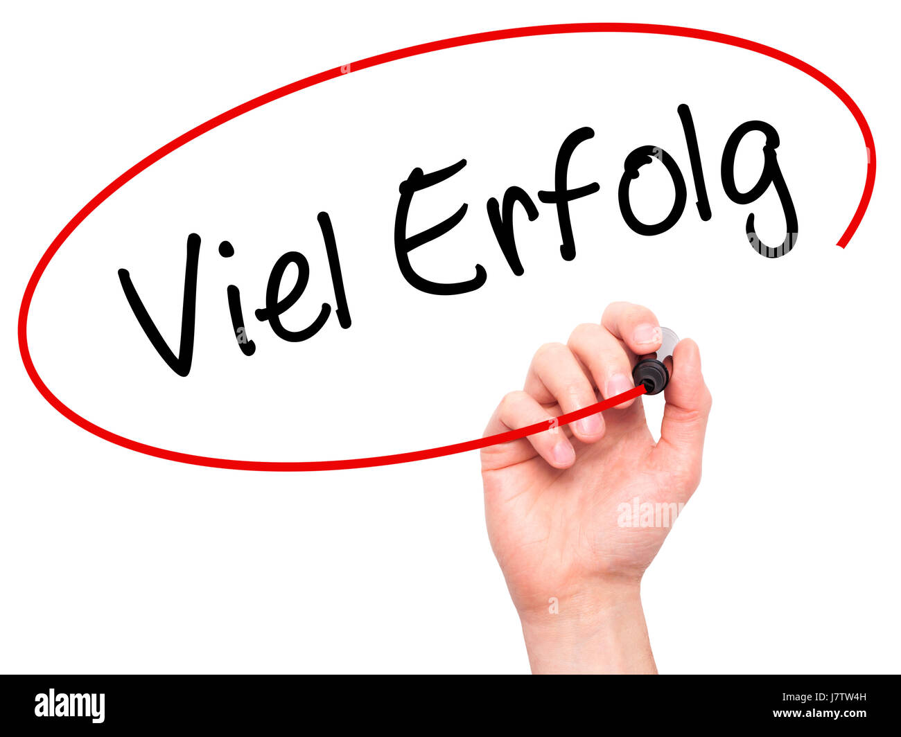 Man Hand writing Viel Erfolg (Much Success In German) with black marker ...