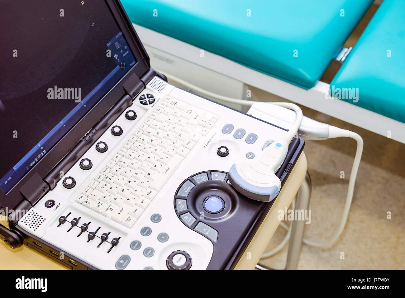 Close up Modern echocardiography (ultrasound) machine monitor. New ...