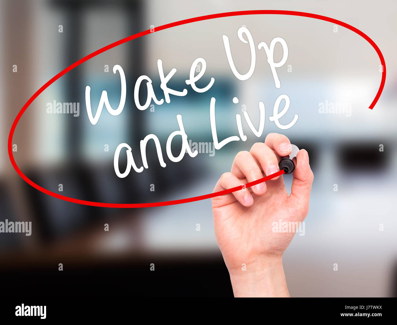 Man Hand writing Wake Up and Live with black marker on visual screen ...