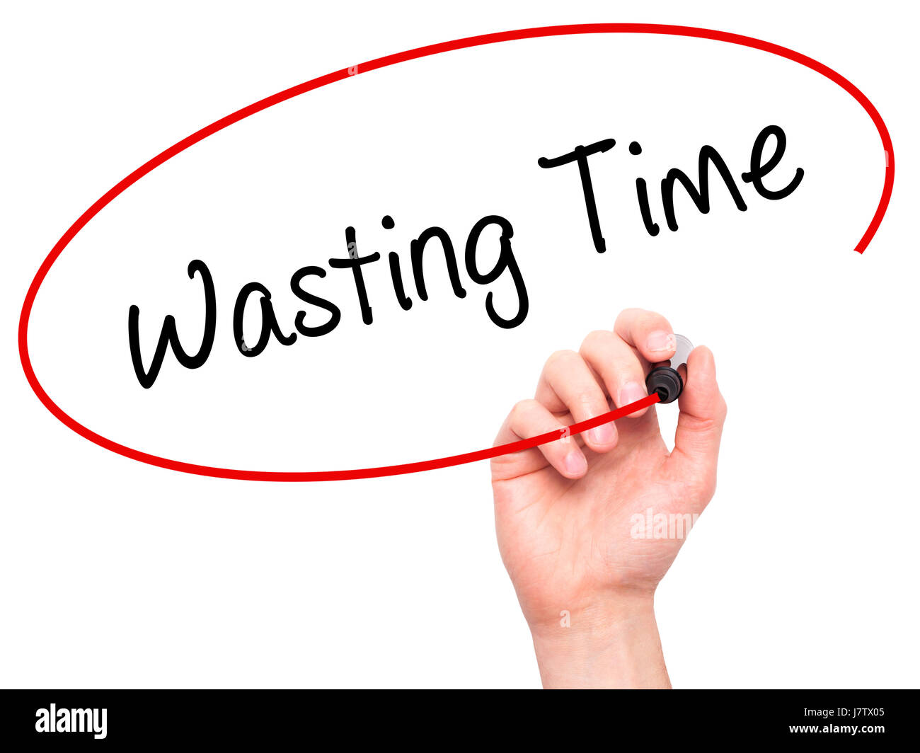 Man Hand writing Wasting Time with black marker on visual screen ...