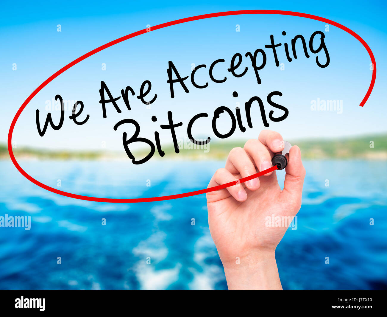 Man Hand writing We Are Accepting Bitcoins with black marker on visual ...