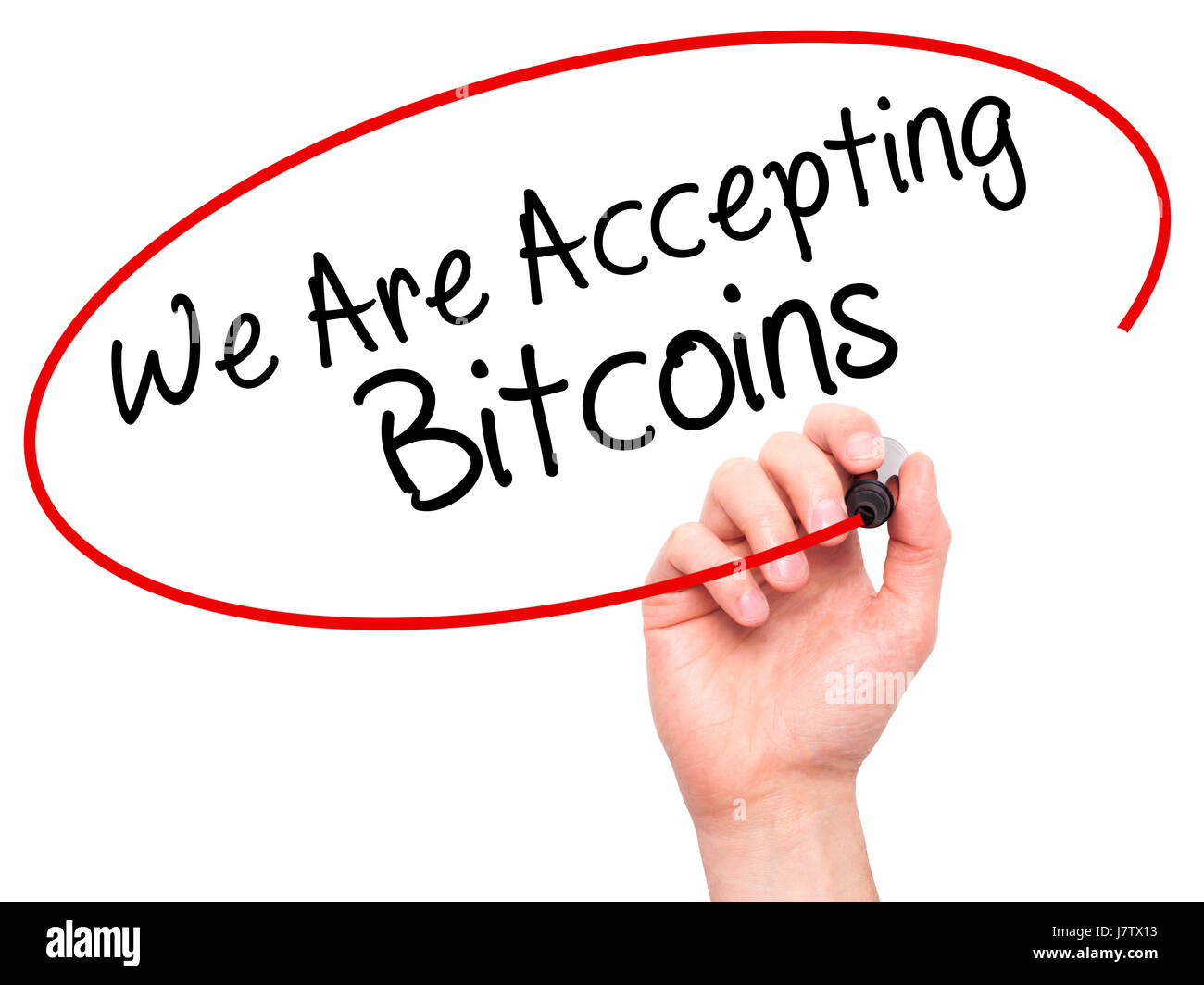 Man Hand writing We Are Accepting Bitcoins with black marker on visual ...