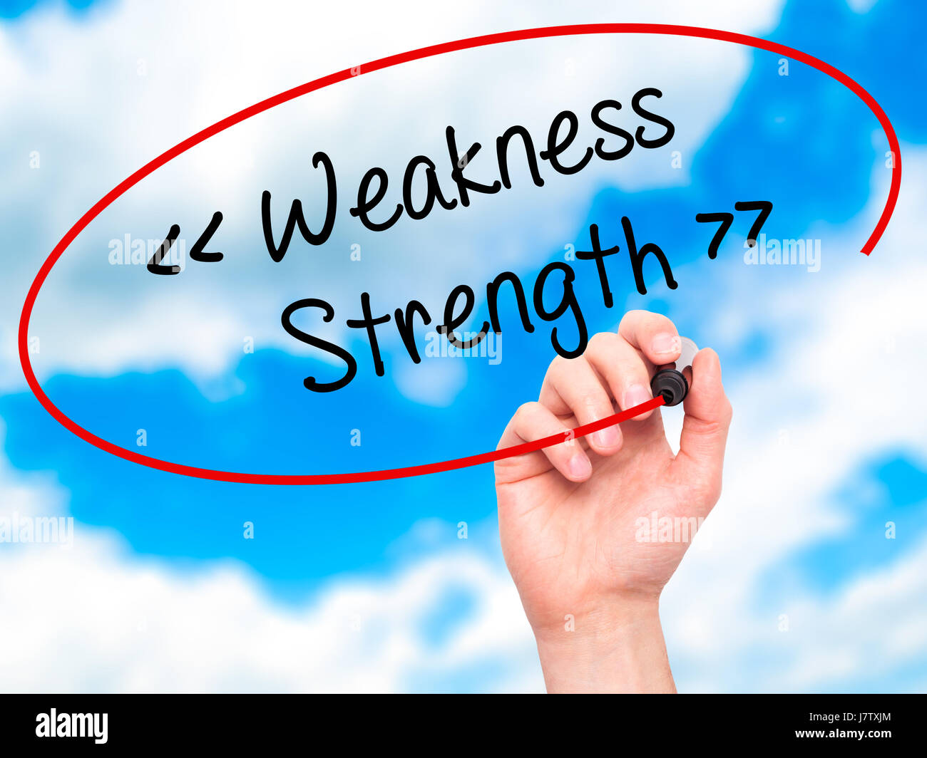 Man Hand writing Weakness - Strength with black marker on visual screen ...