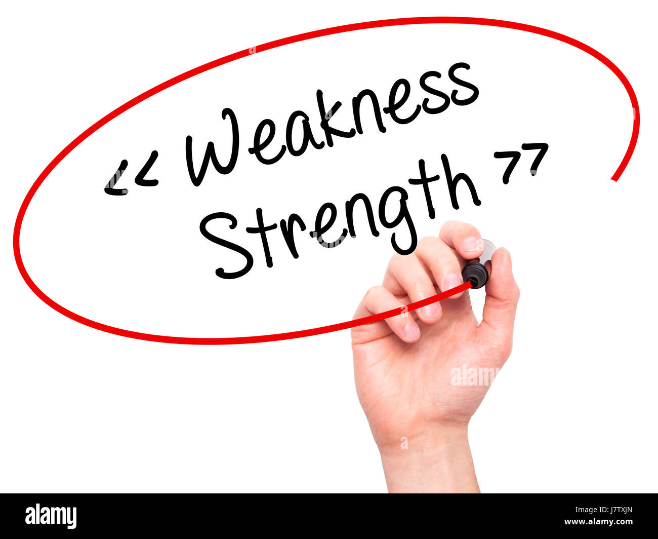 Man Hand writing Weakness - Strength with black marker on visual screen ...