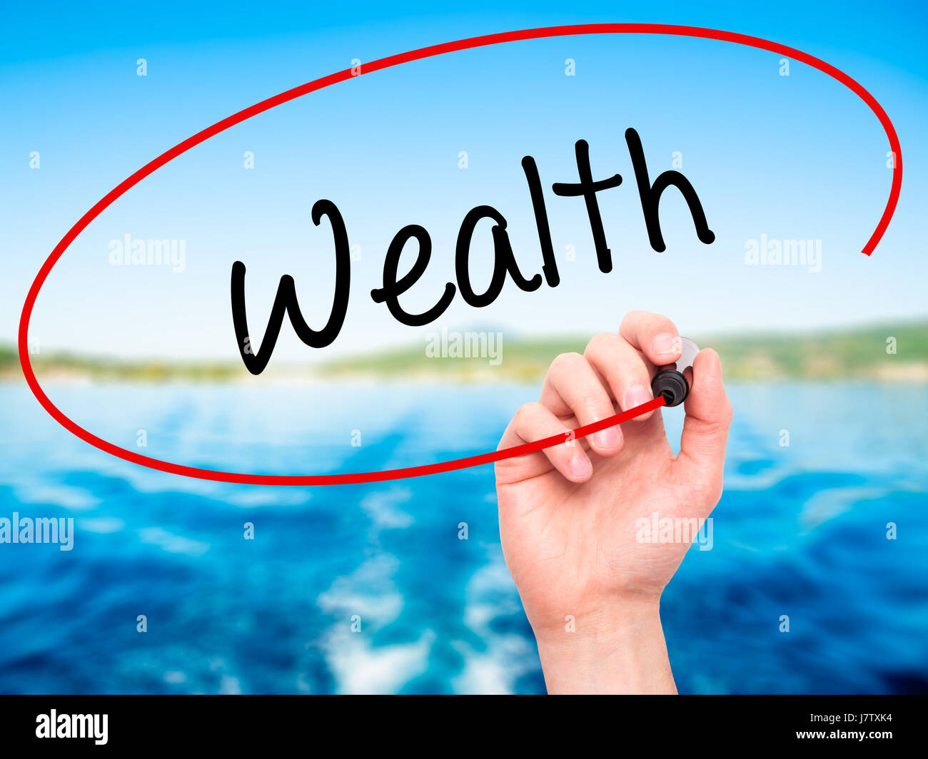 Man Hand writing Wealth with black marker on visual screen. Isolated on ...