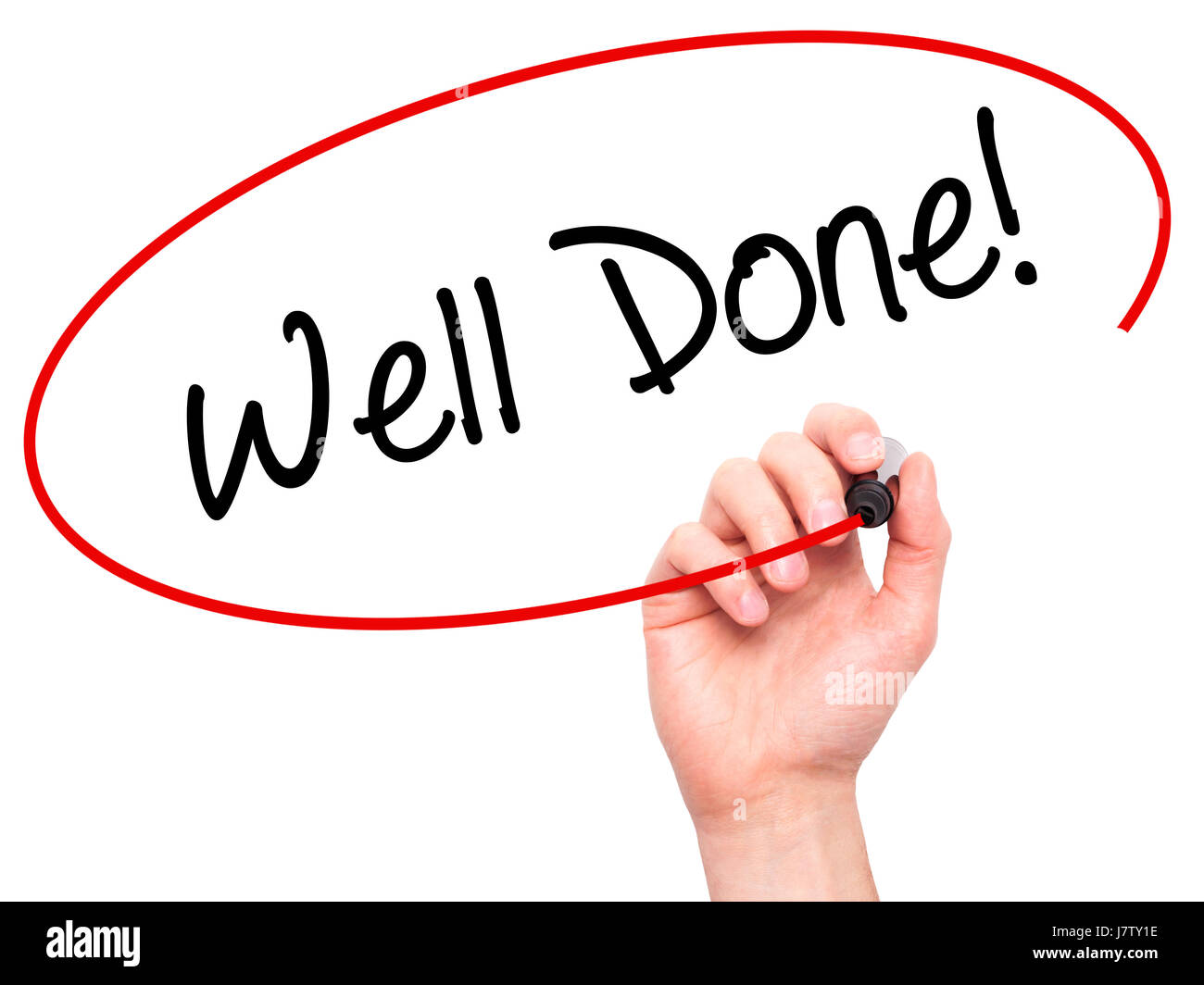 Man Hand writing Well Done! with black marker on visual screen ...