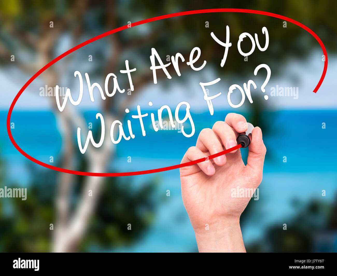 Man Hand writing What Are You Waiting For? with black marker on visual ...