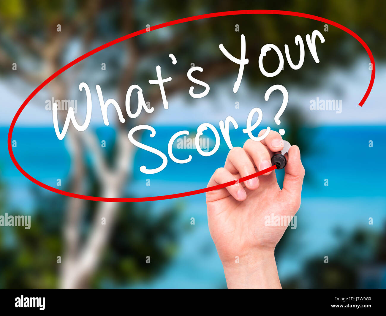 Man Hand writing What's your Score? with black marker on visual screen ...