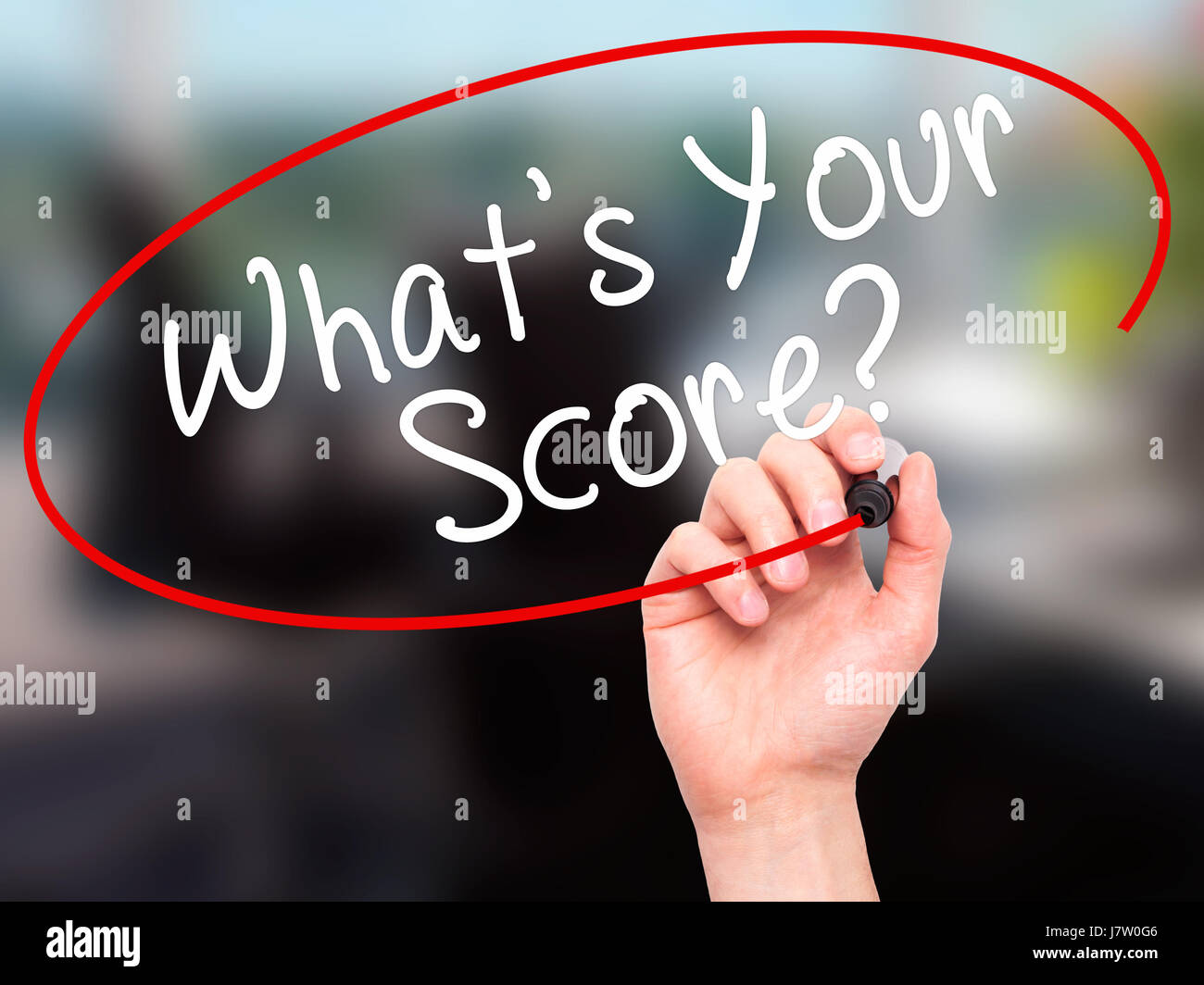 Man Hand writing What's your Score? with black marker on visual screen ...