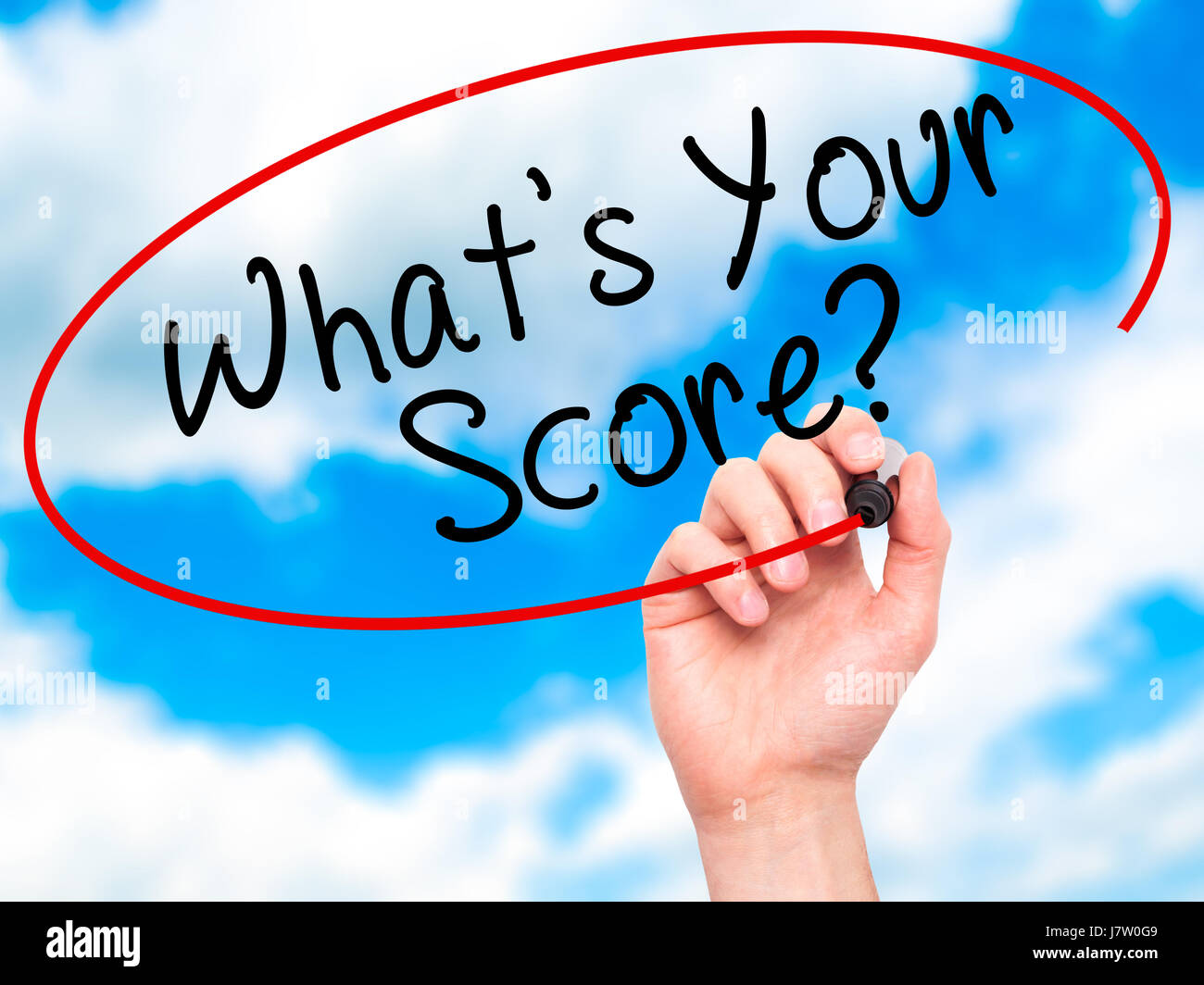 Man Hand writing What's your Score? with black marker on visual screen ...