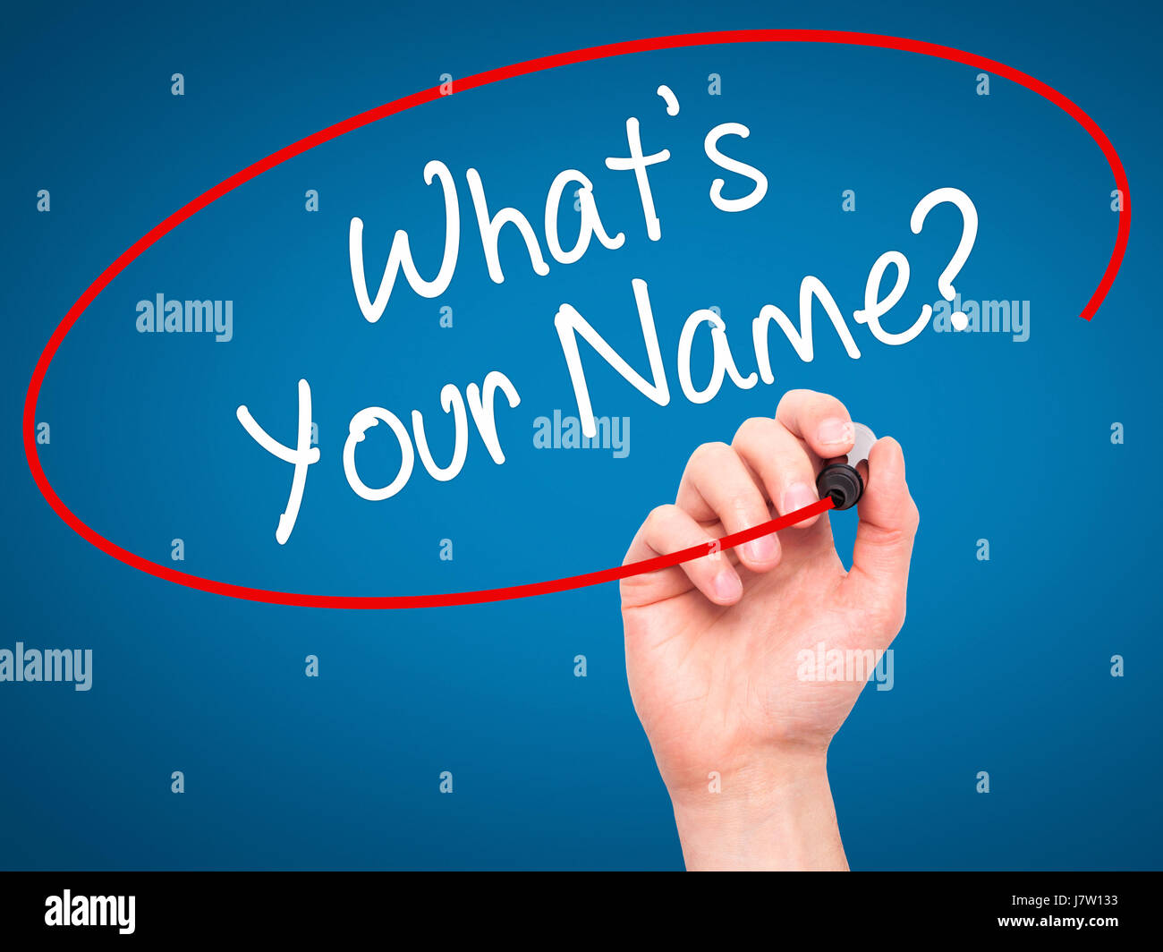 Man Hand writing What's your Name? with black marker on visual screen ...