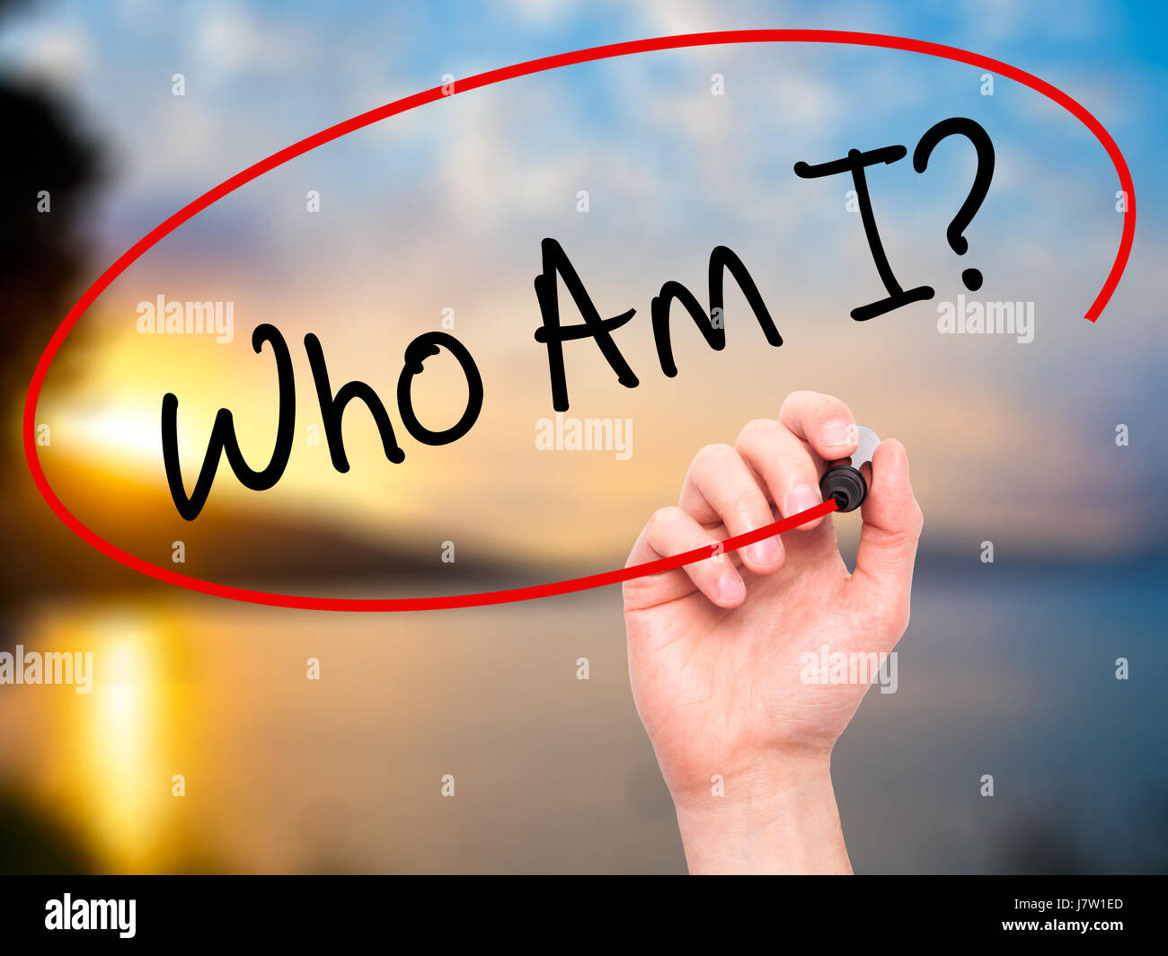 Man Hand writing Who Am I? with black marker on visual screen. Isolated ...