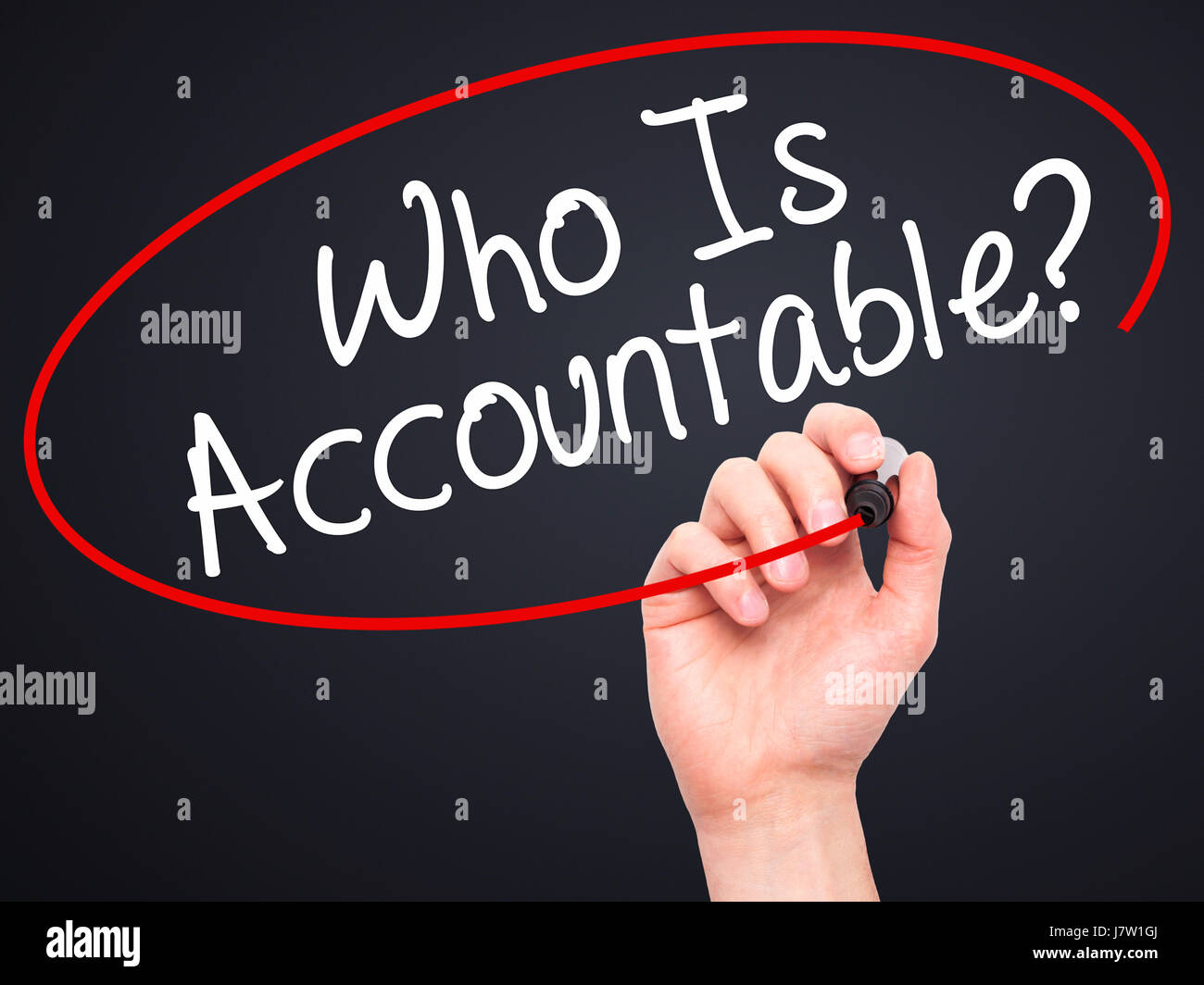 Man Hand writing Who Is Accountable? with black marker on visual screen ...