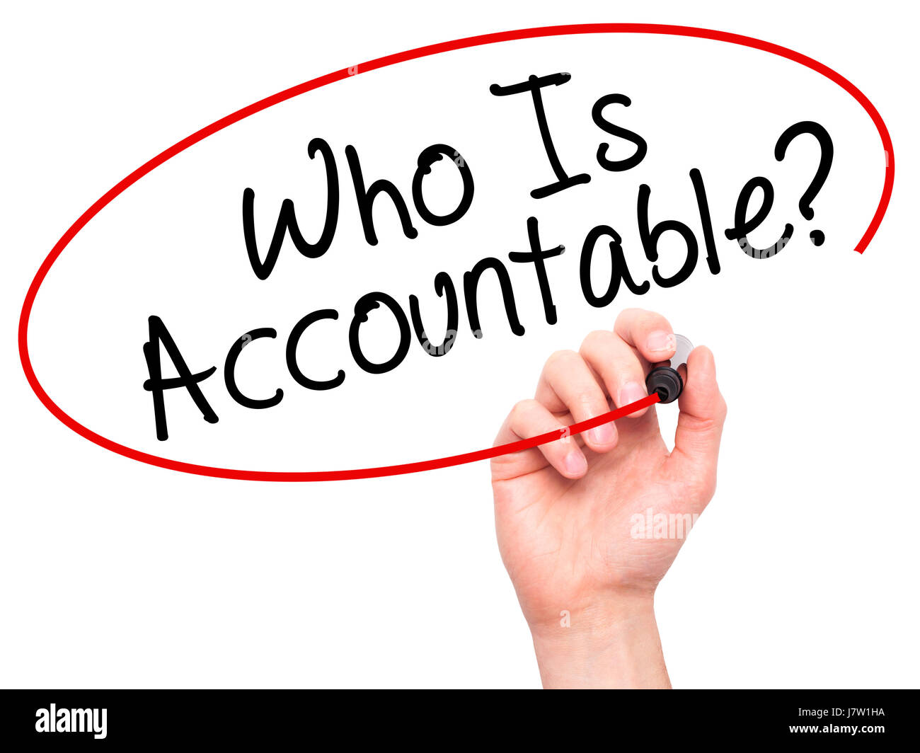 Man Hand writing Who Is Accountable? with black marker on visual screen ...