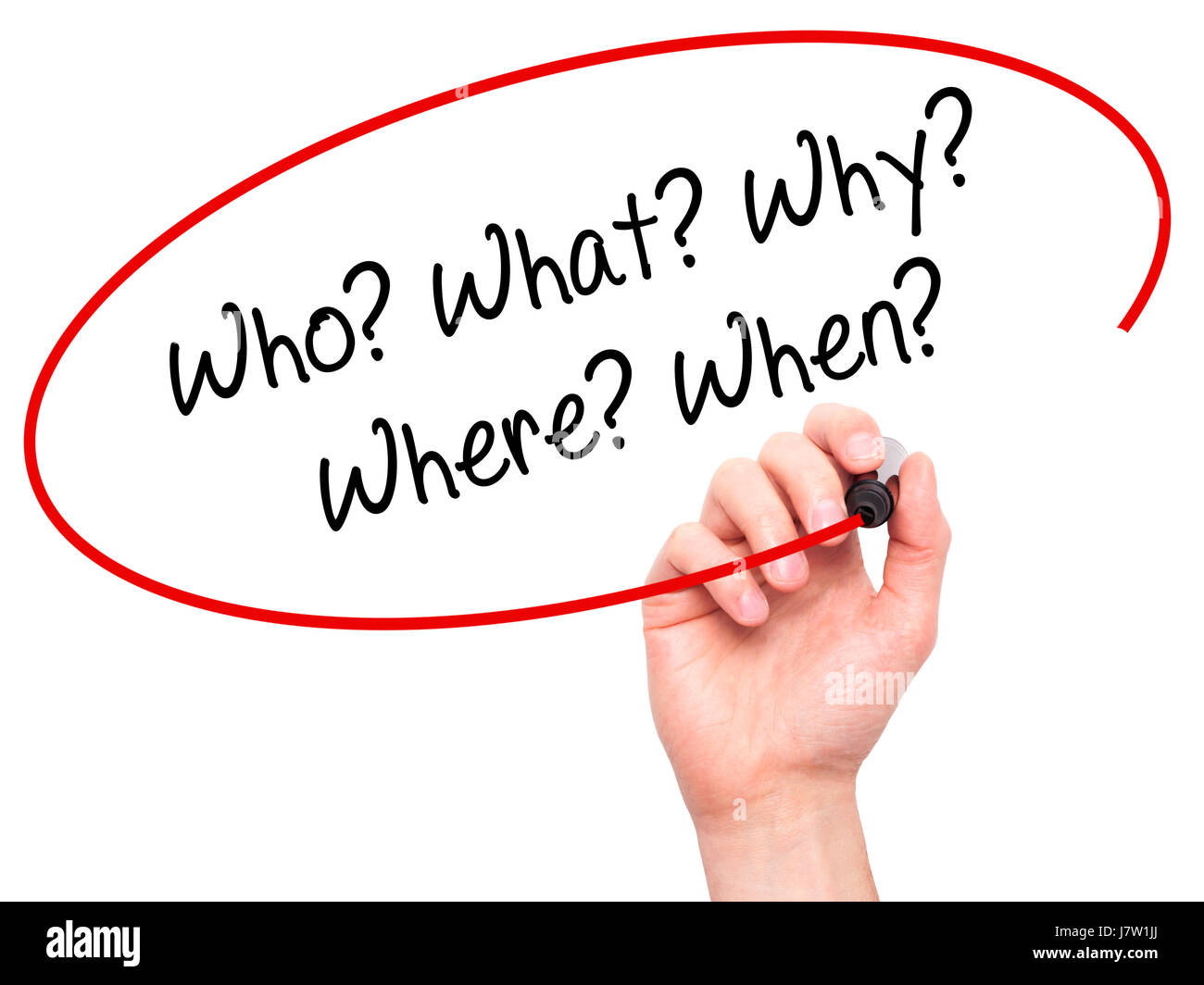 Man Hand writing Who? What? Why? Where? When? with black marker on ...