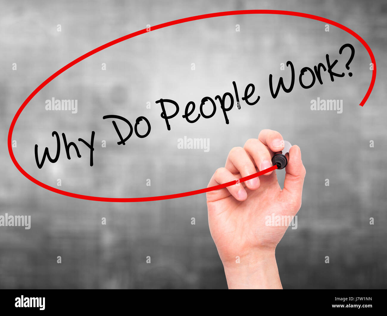 Man Hand writing Why Do People Work? with black marker on visual screen ...