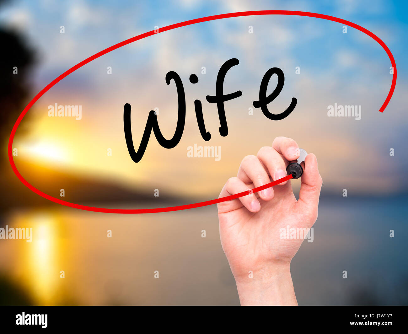Man Hand writing Wife with black marker on visual screen. Isolated on ...