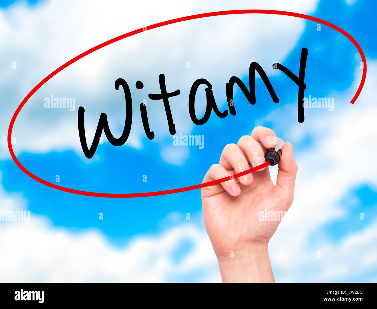 Man Hand writing Witamy (Welcome in Polish) with black marker on visual ...