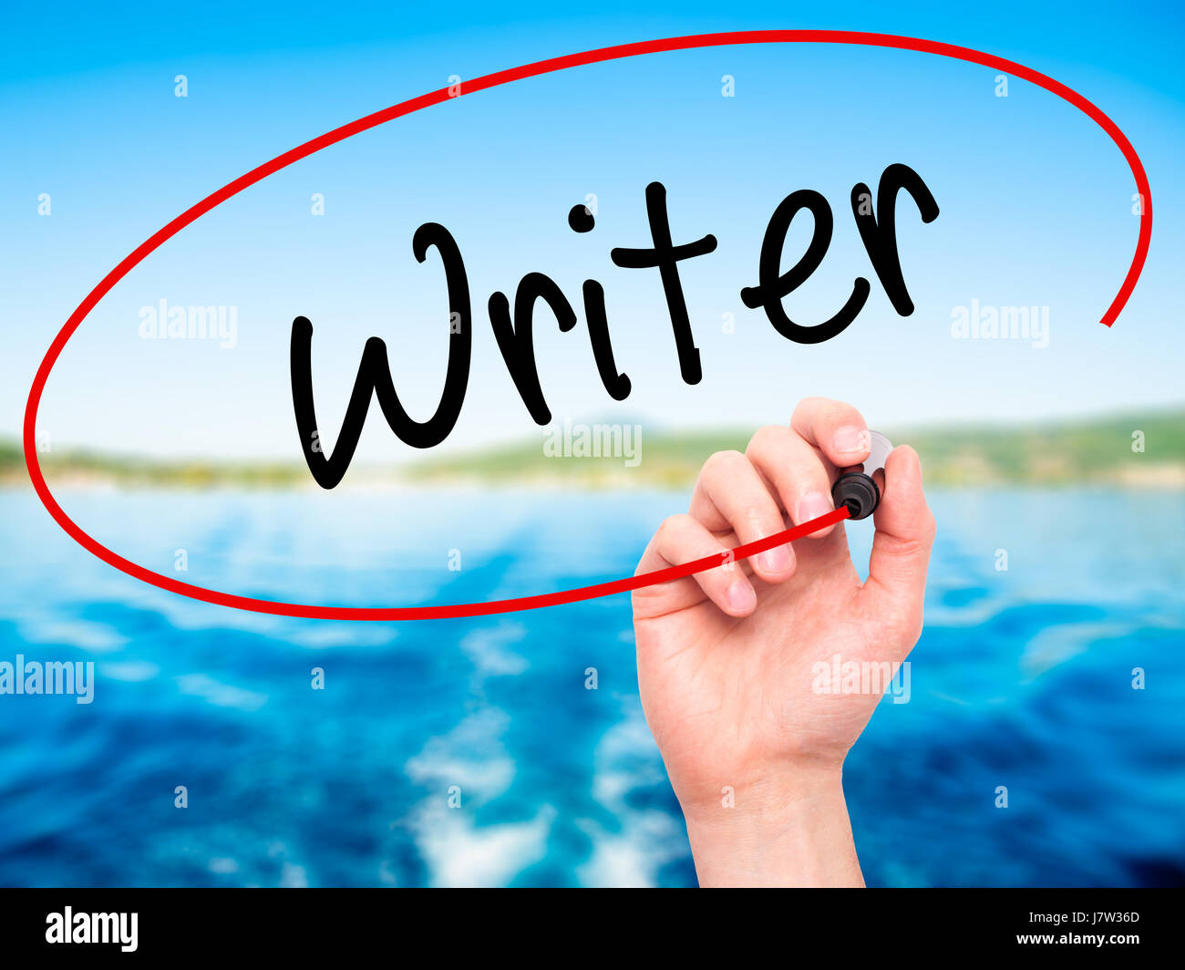 Man Hand writing Writer with black marker on visual screen. Isolated on ...