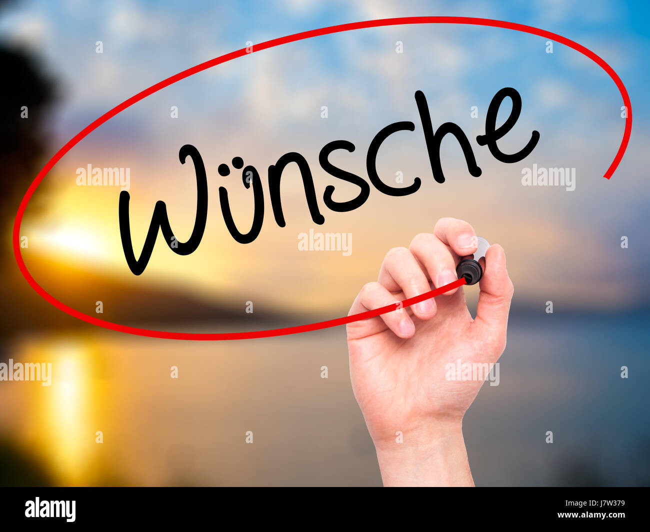 Man Hand writing Wunsche (Wishes in German) with black marker on visual ...