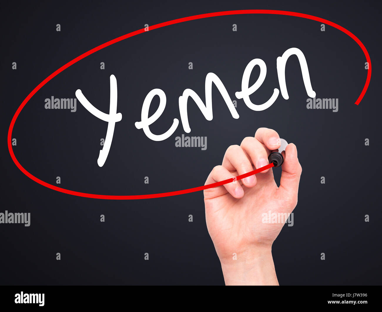 Man Hand writing Yemen with black marker on visual screen. Isolated on ...