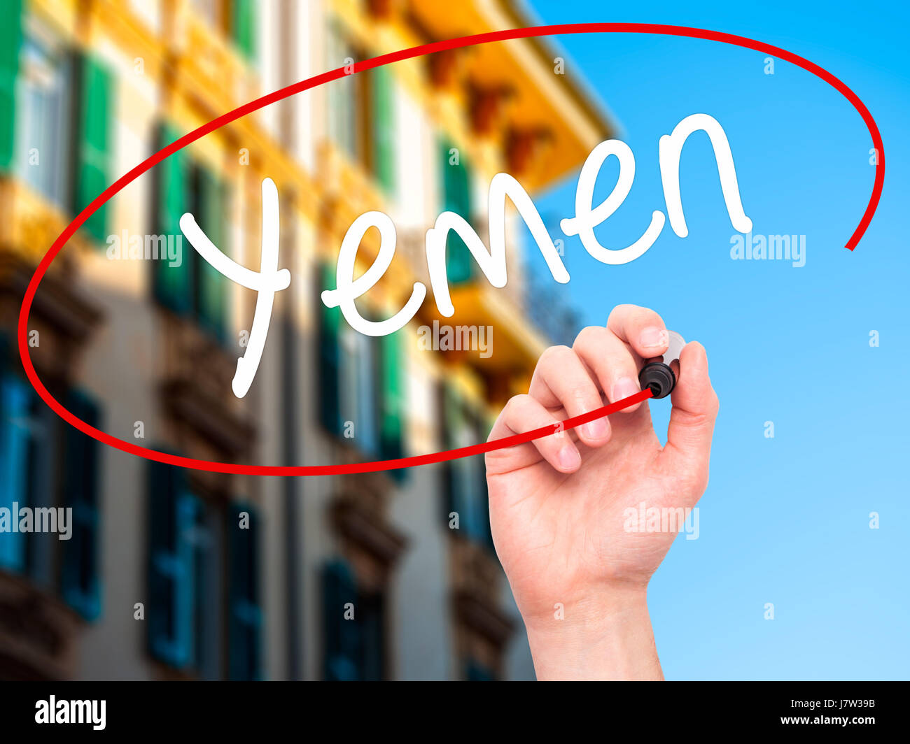 Man Hand writing Yemen with black marker on visual screen. Isolated on ...