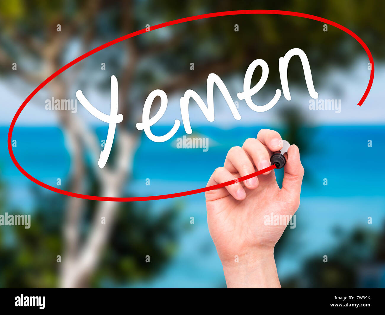 Man Hand writing Yemen with black marker on visual screen. Isolated on ...