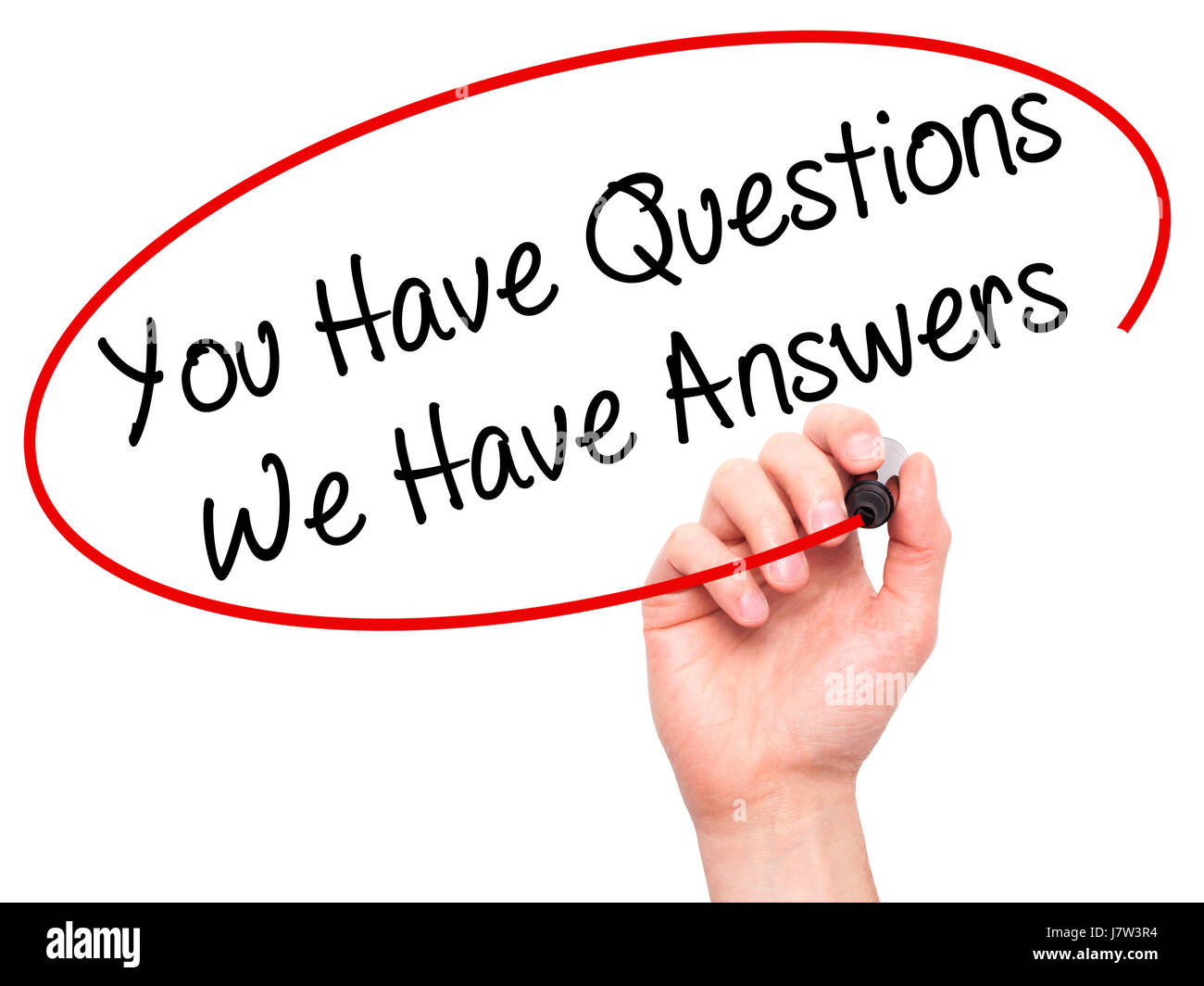 Man Hand writing You Have Questions We Have Answers with black marker ...