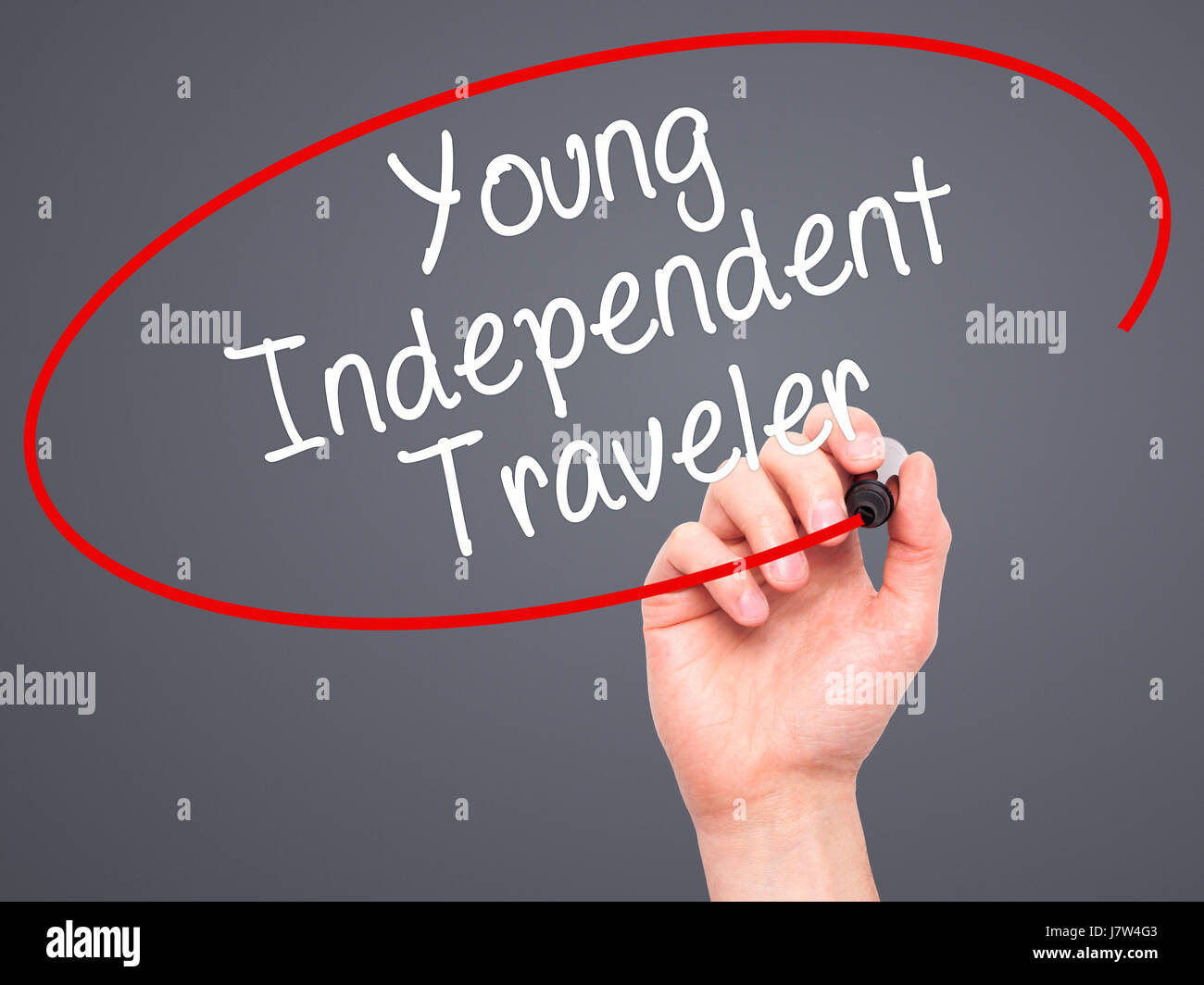 Man Hand writing Young Independent Traveler with black marker on visual ...